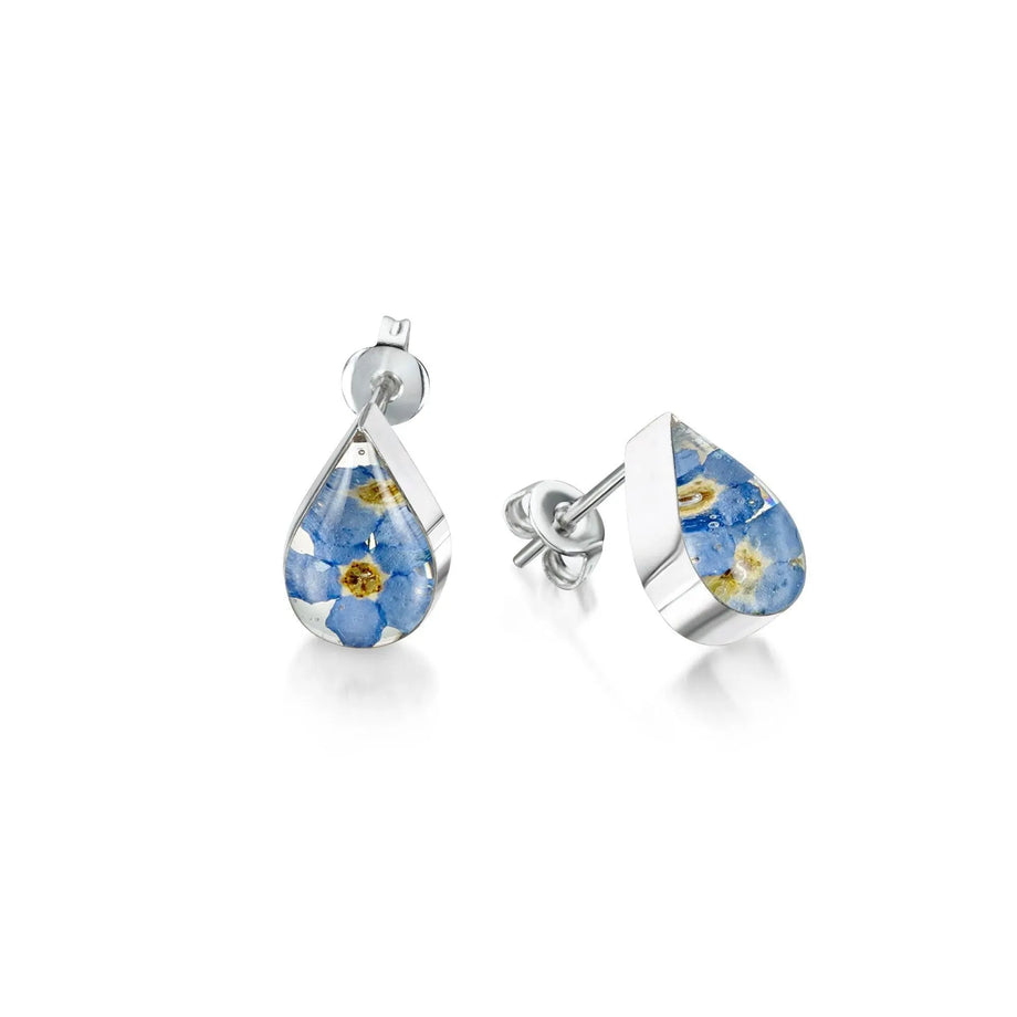 Sterling silver teardrop stud earrings with real forget me not flowers